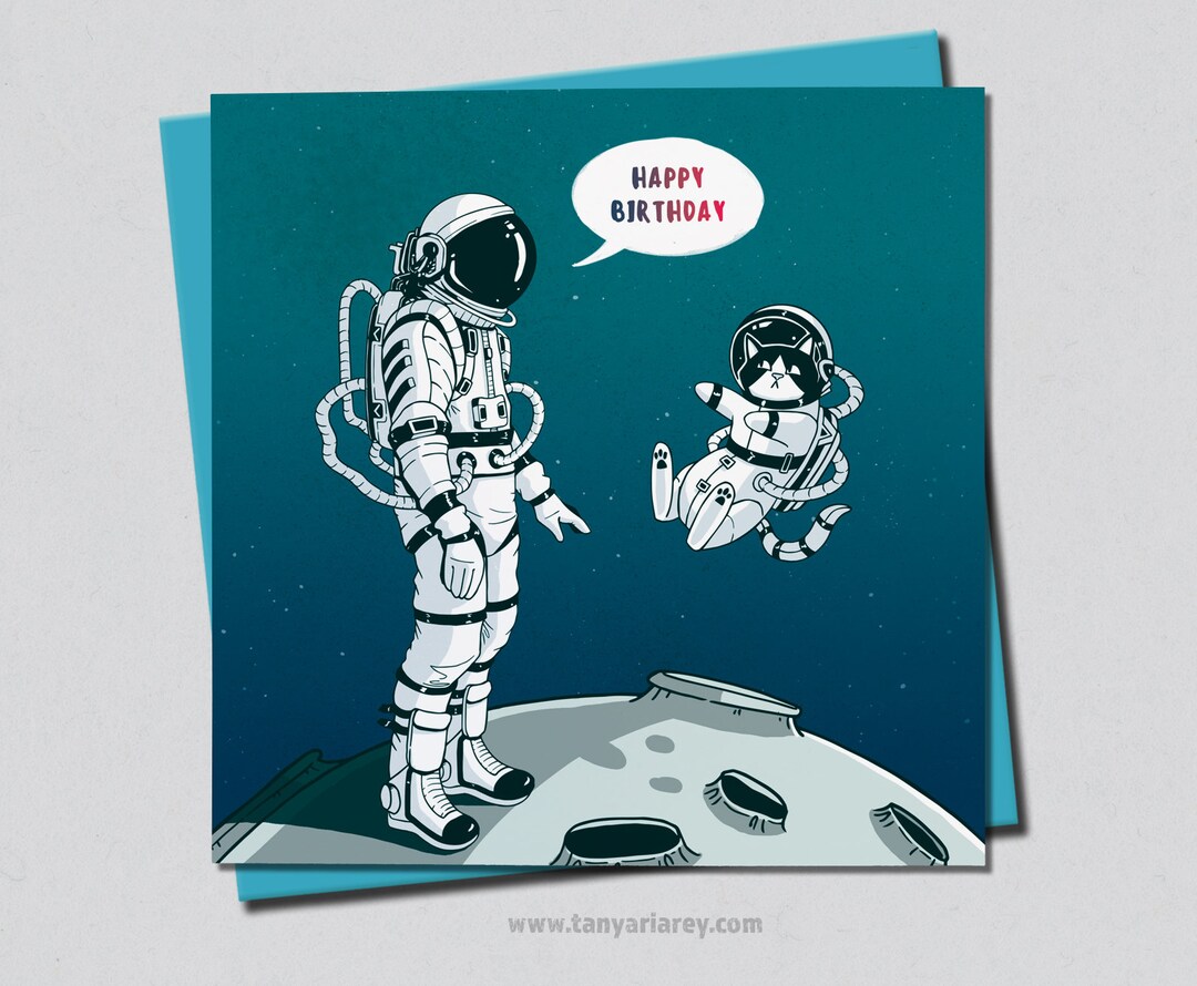 Space Cat Birthday Card: Astronaut Moon Art - Etsy