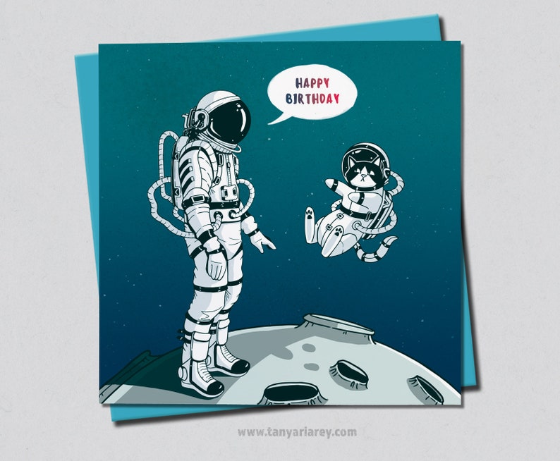 Space X Birthday Card Apollo Space Cat Astronaut Card Moon | Etsy