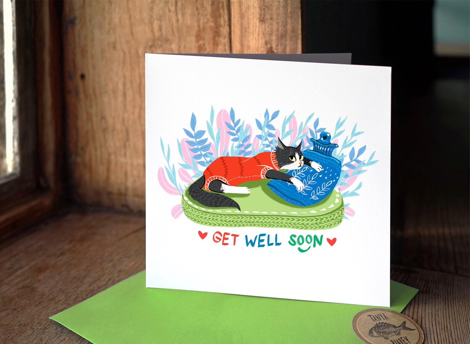 Get Well Soon Card Cat Card Tuxedo Cat Card Cute Hand Drawn | Etsy