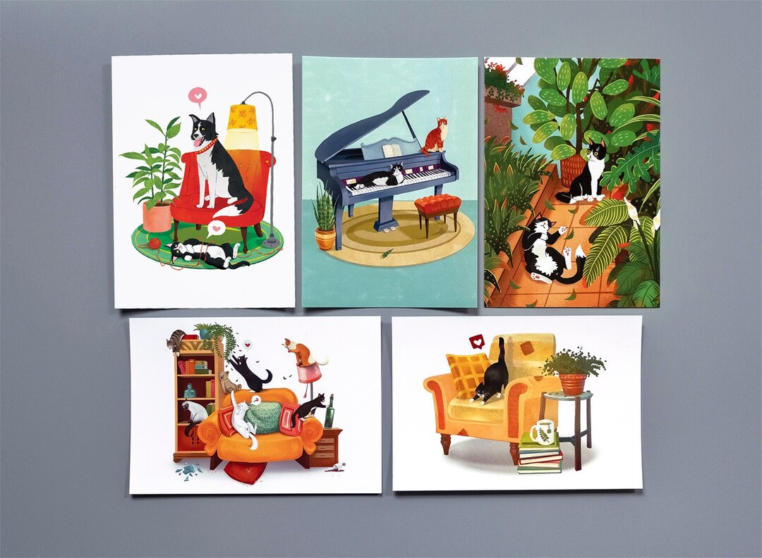 Cat Postcard Set, Tuxedo Cat Art Print, Cat Card, Art Postcards, Cat ...