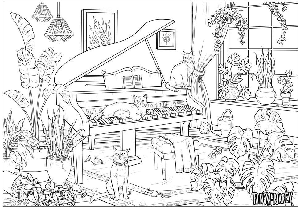 Cat Colouring Page Interior Coloring Page Dream Home Boho - Etsy