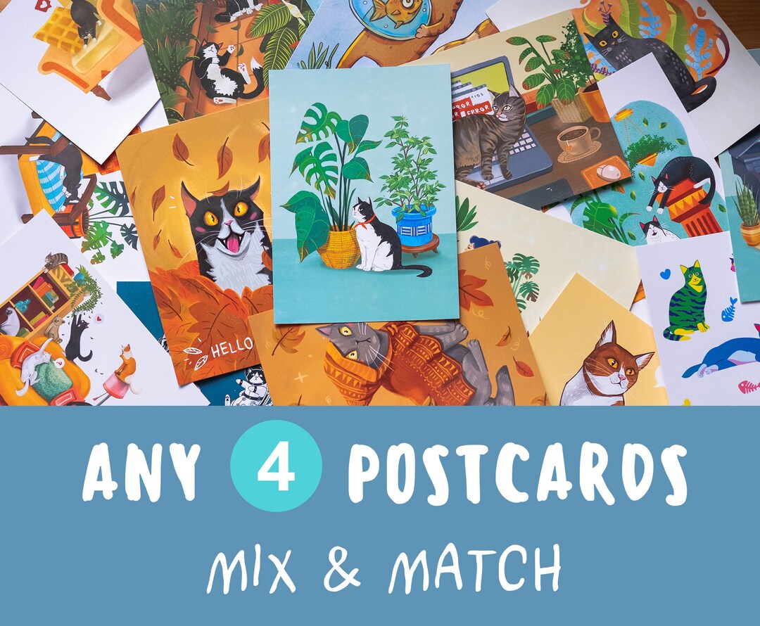 4 Art Postcards Set, Cat Postcards, Cat Lover Gift, Hand Drawn ...