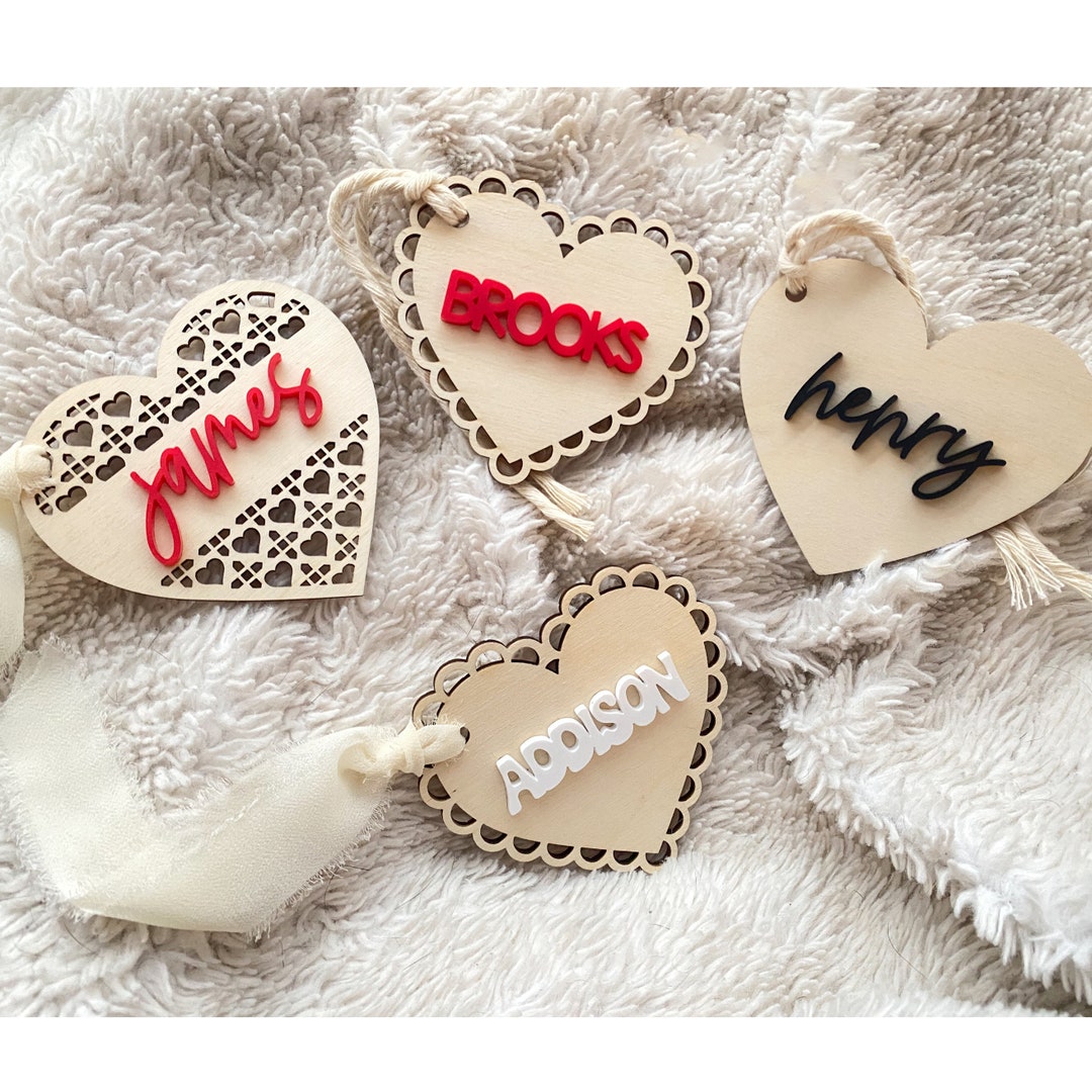 Valentine's Name Tags, Basket Name Tags, Wooden Heart Name Tags, Wooden ...