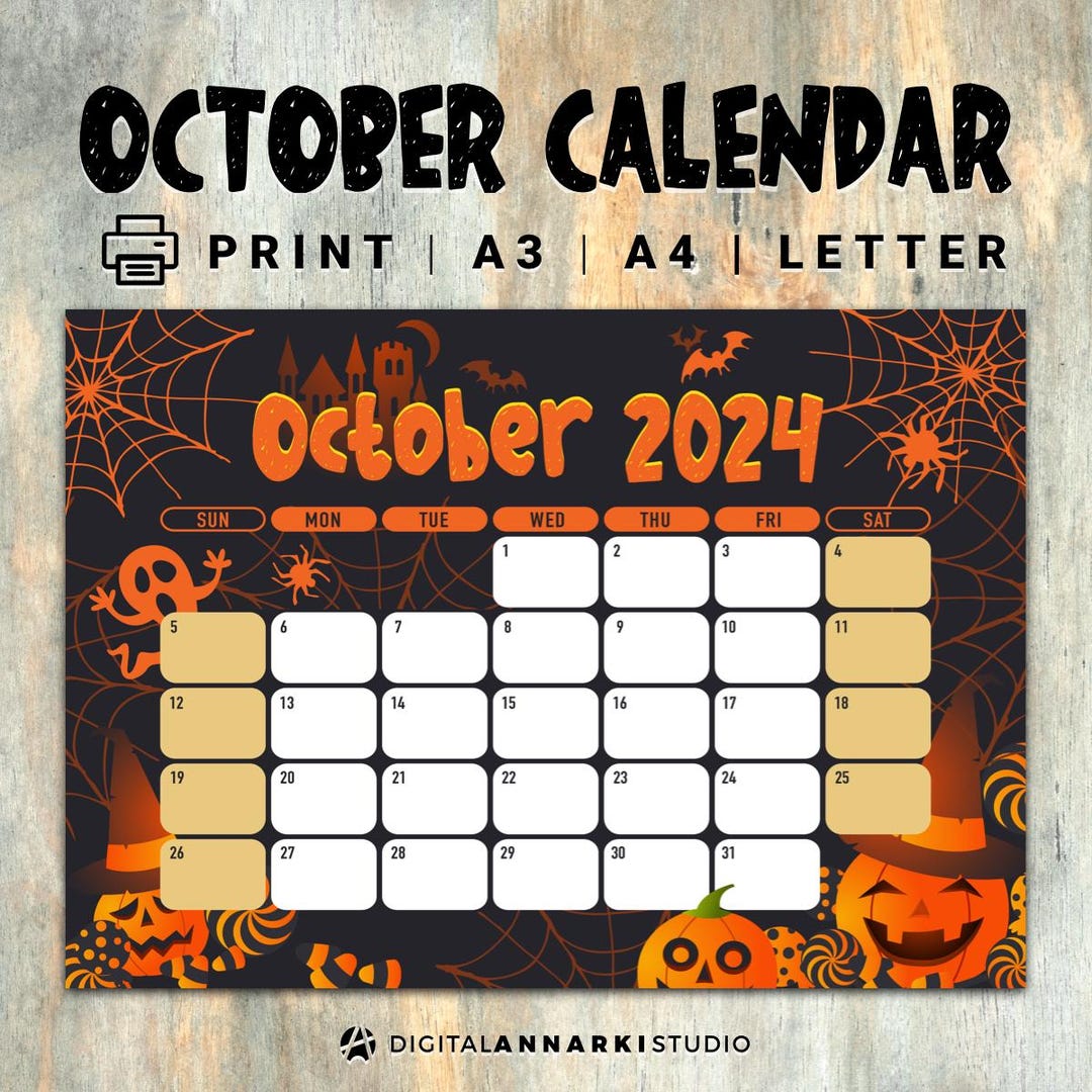 Hi-res Printable JPEG PDF October 2024 Calendar, A3, A4, Letter-size ...