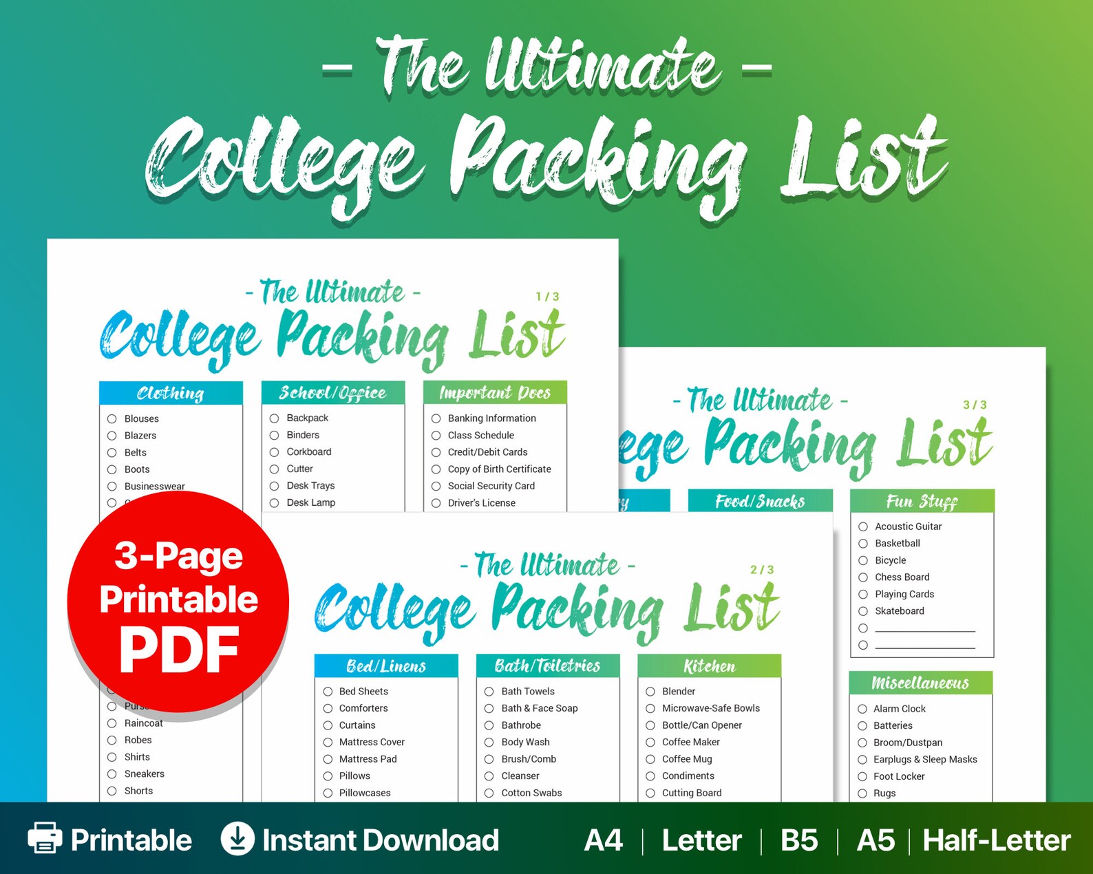 Printable College Packing List, College Planner, Back to School ...