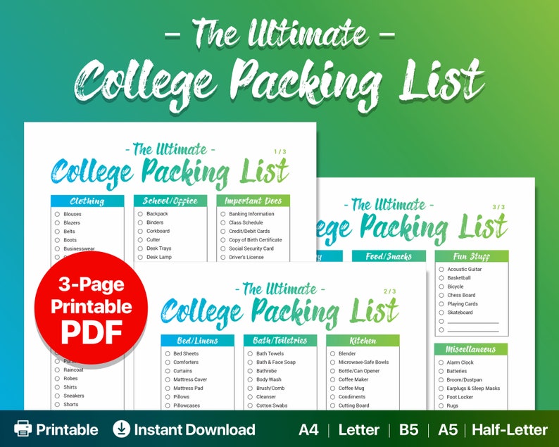 Printable College Packing List, College Planner, Back to School ...