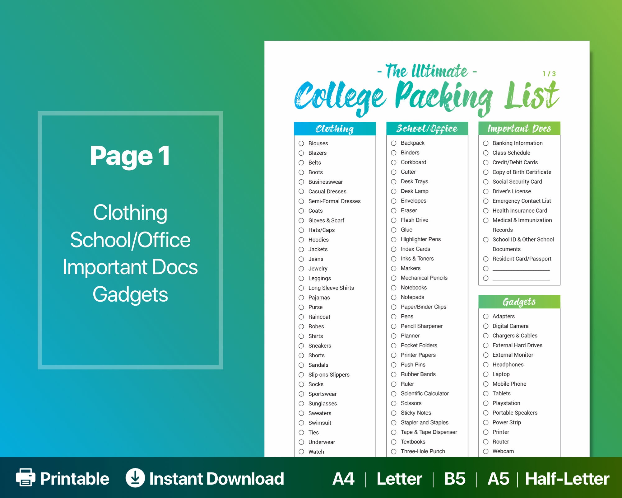 Printable College Packing List, College Planner, Back to School ...