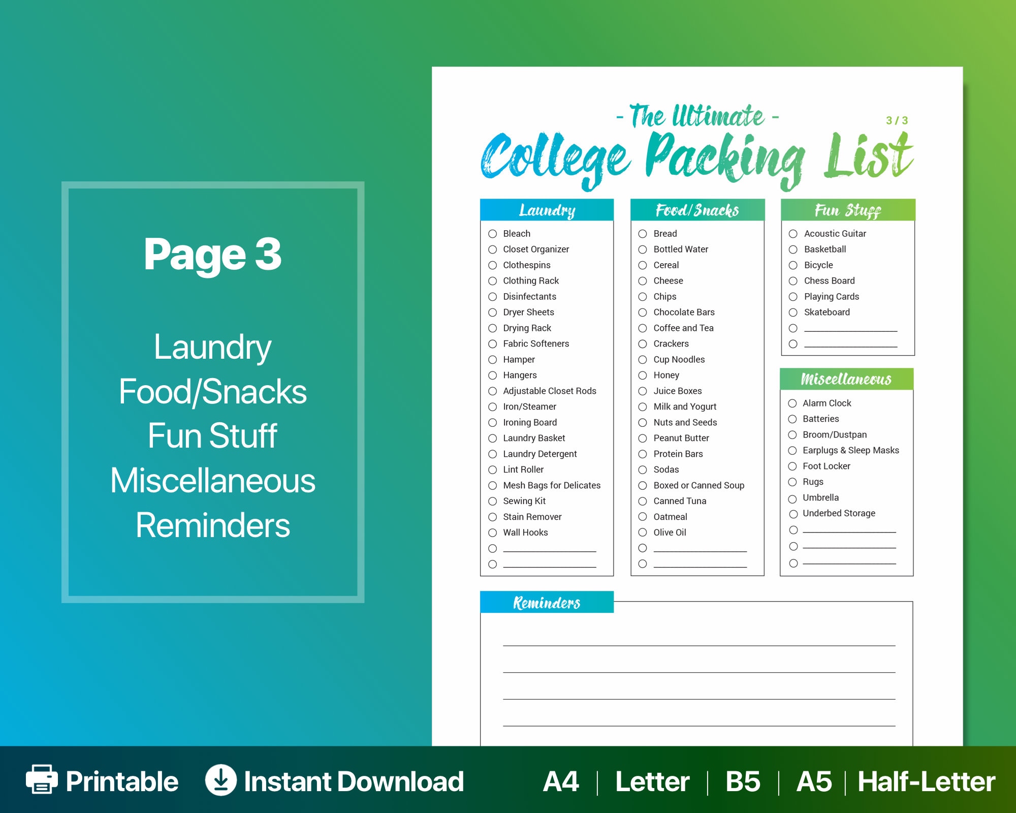 Printable College Packing List, College Planner, Back to School ...