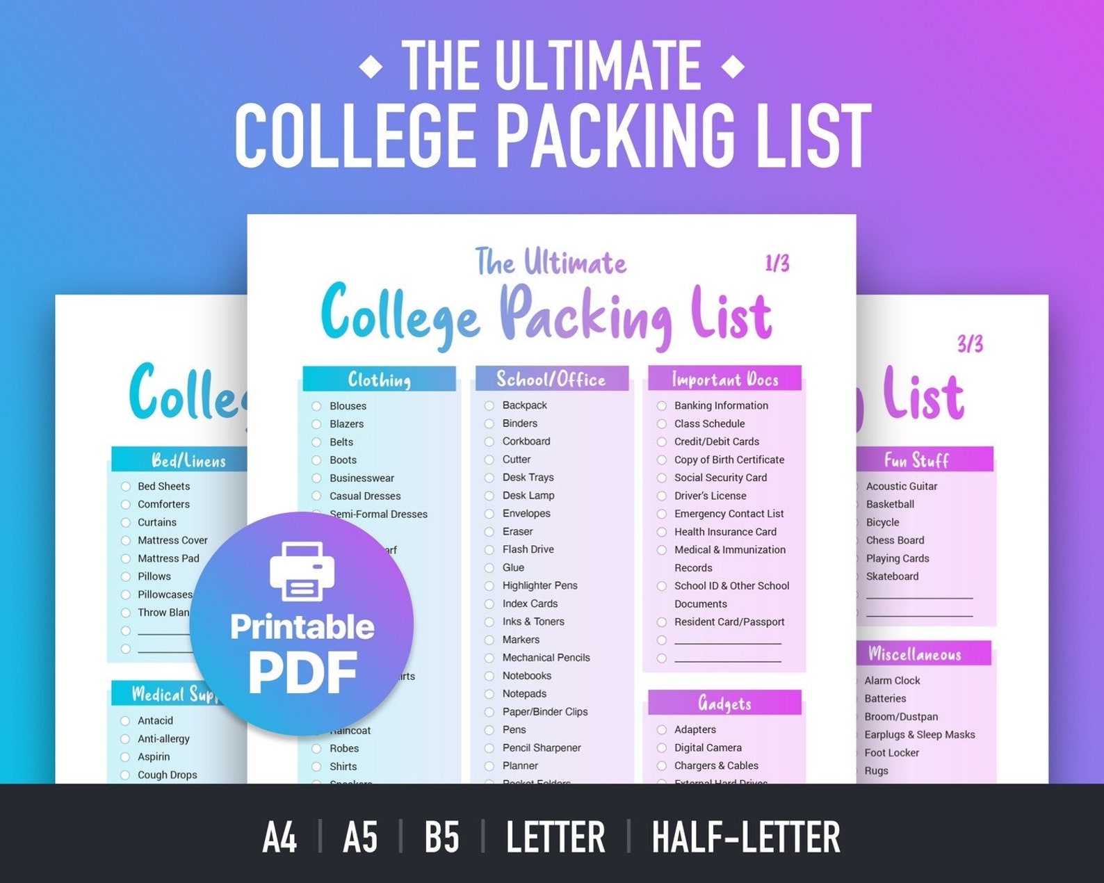 Printable College Packing List, College Planner, Back to School ...