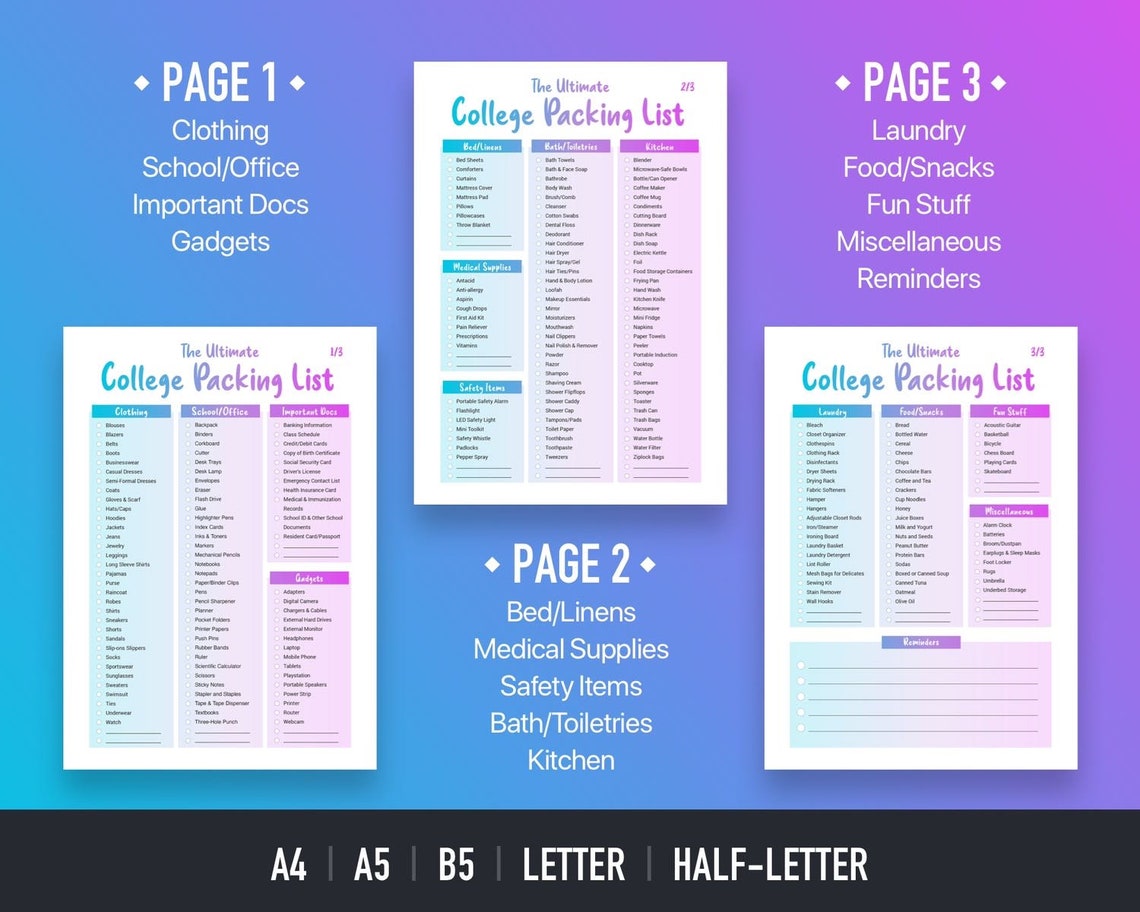 Printable College Packing List, College Planner, Back to School ...
