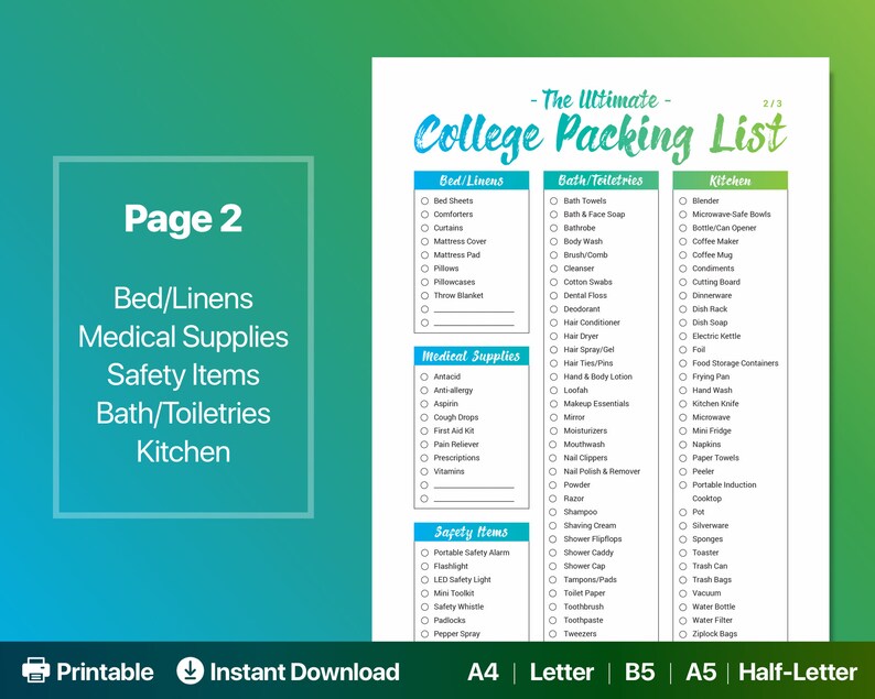 Printable College Packing List, College Planner, Back to School ...