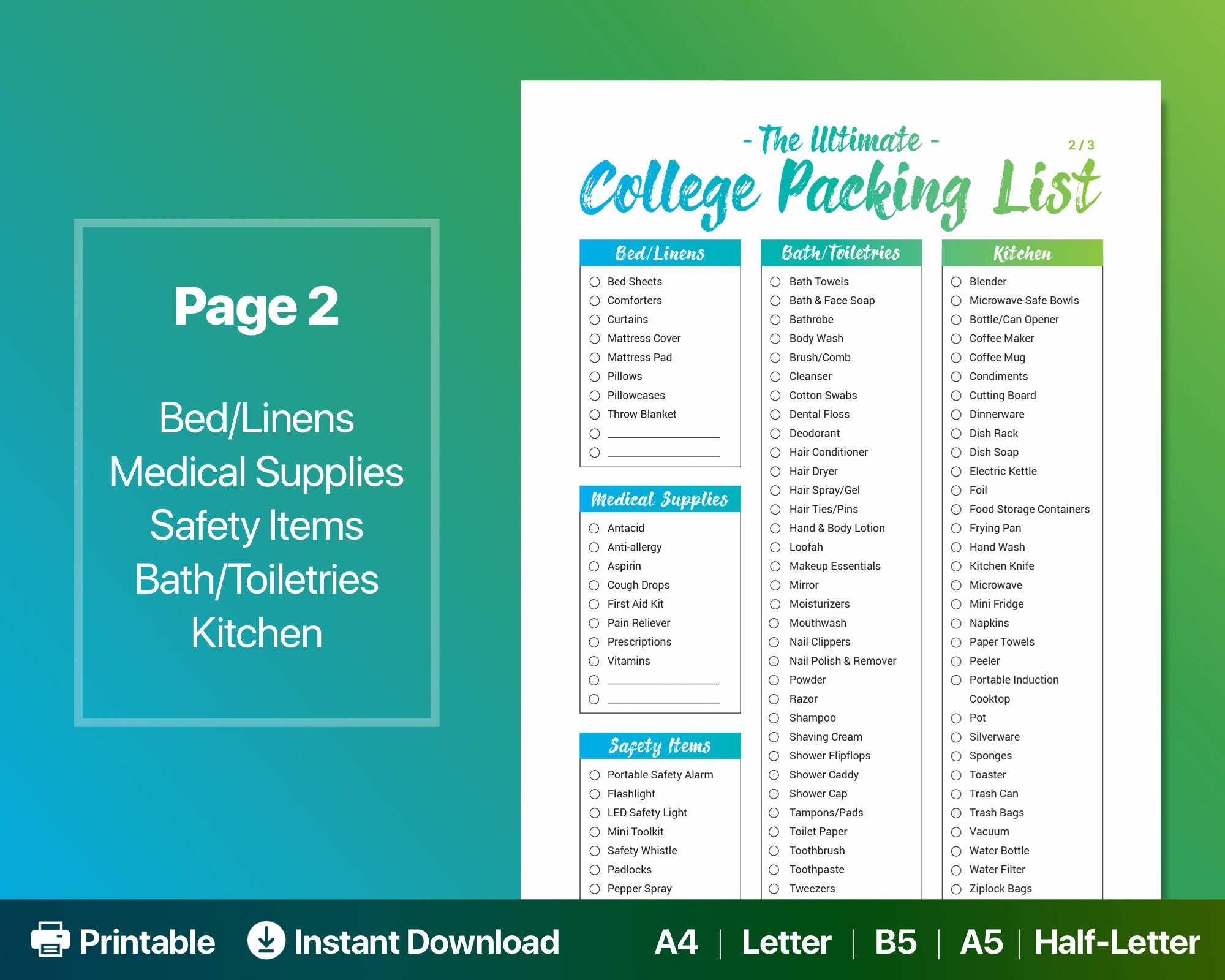 Printable College Packing List, College Planner, Back to School ...