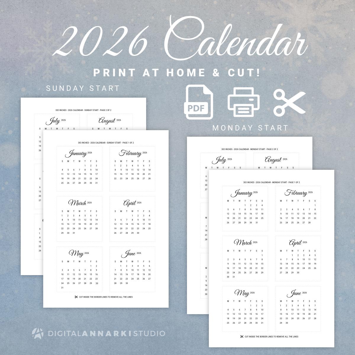 2026 Mini Calendar Printable, 3x3 Cutout (PDF) - Etsy