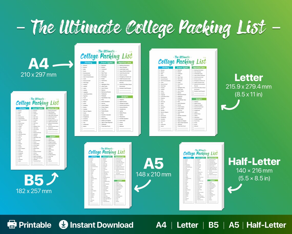 Printable College Packing List, College Planner, Back to School ...