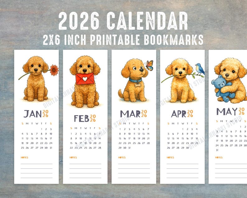 2026 Dog Calendar Bookmark | Puppy Illustrations (digital Download ...
