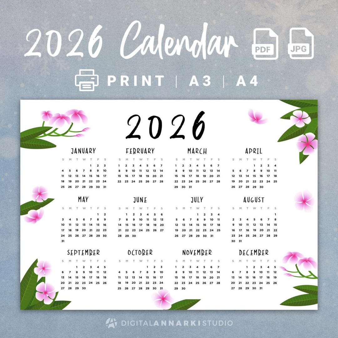 Printable 2026 Floral Calendar, A3 A4, Home Office (PDF JPEG) - Etsy