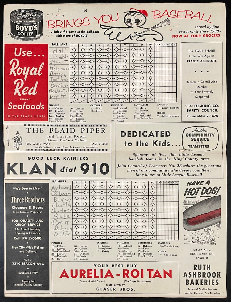 1958 Seattle Rainiers Baseball Team Official Scorebook, Pacific ...
