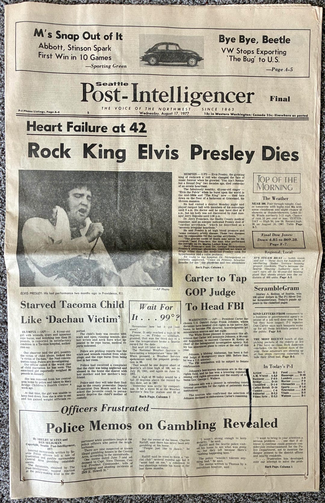1977 “rock King Elvis Presley Dies” Seattle Post-intelligencer ...