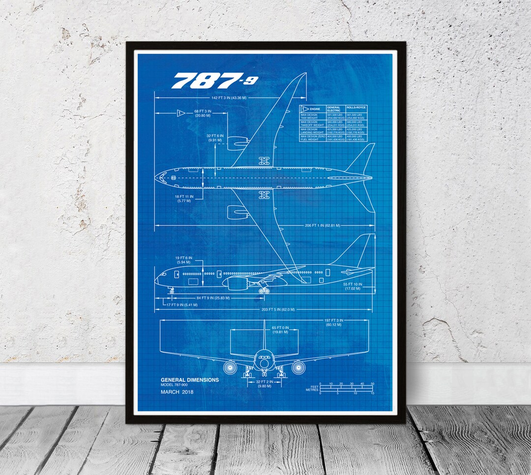 Blueprint Boeing 787-9 Poster Print. Aviation, Airplane, Aircraft Gift ...