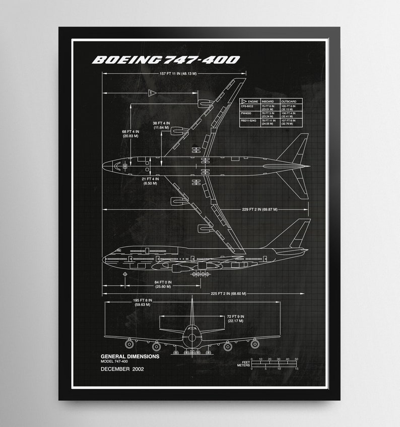 Blueprint Boeing 747 poster print. Aircraft dimensions. | Etsy