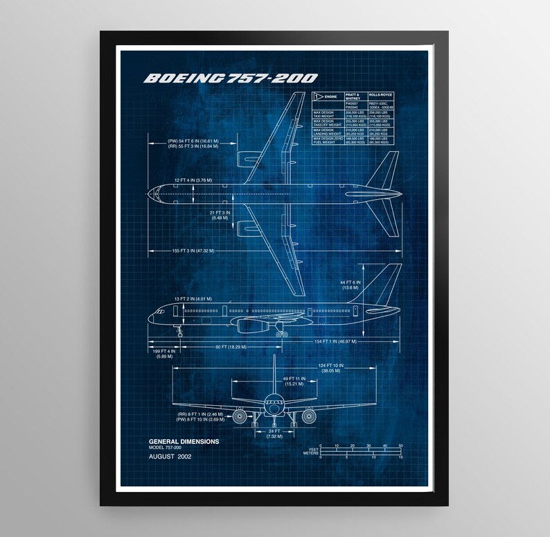 Blueprint Boeing 757 Poster Print. Aircraft Dimensions. - Etsy