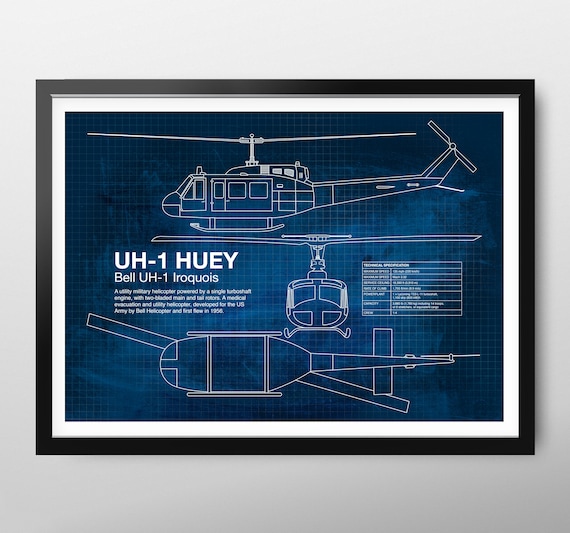 Blueprint Huey Helicopter Poster Bell UH-1 Iroquois Utility | Etsy