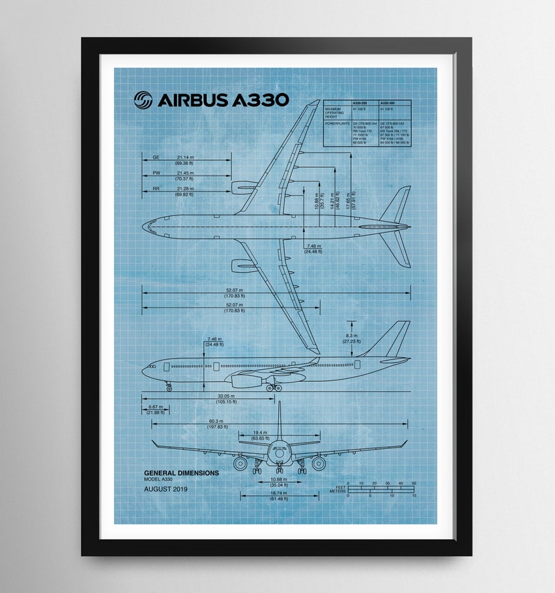 Blueprint Airbus A330 commercial airplane. Dimensions. Mancave | Etsy