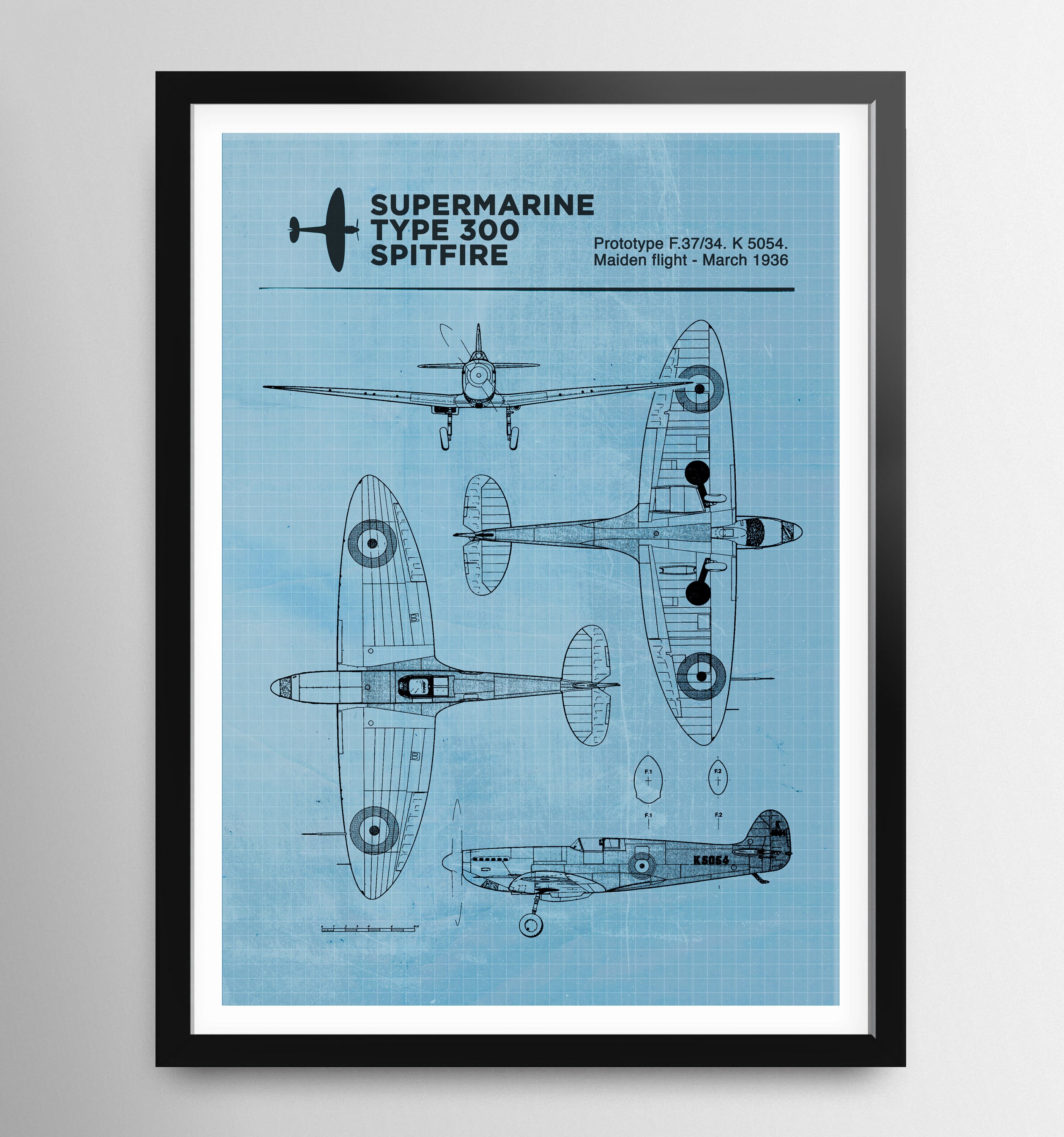 Spitfire WW2 airplane blueprint. Supermarine Type 300 | Etsy