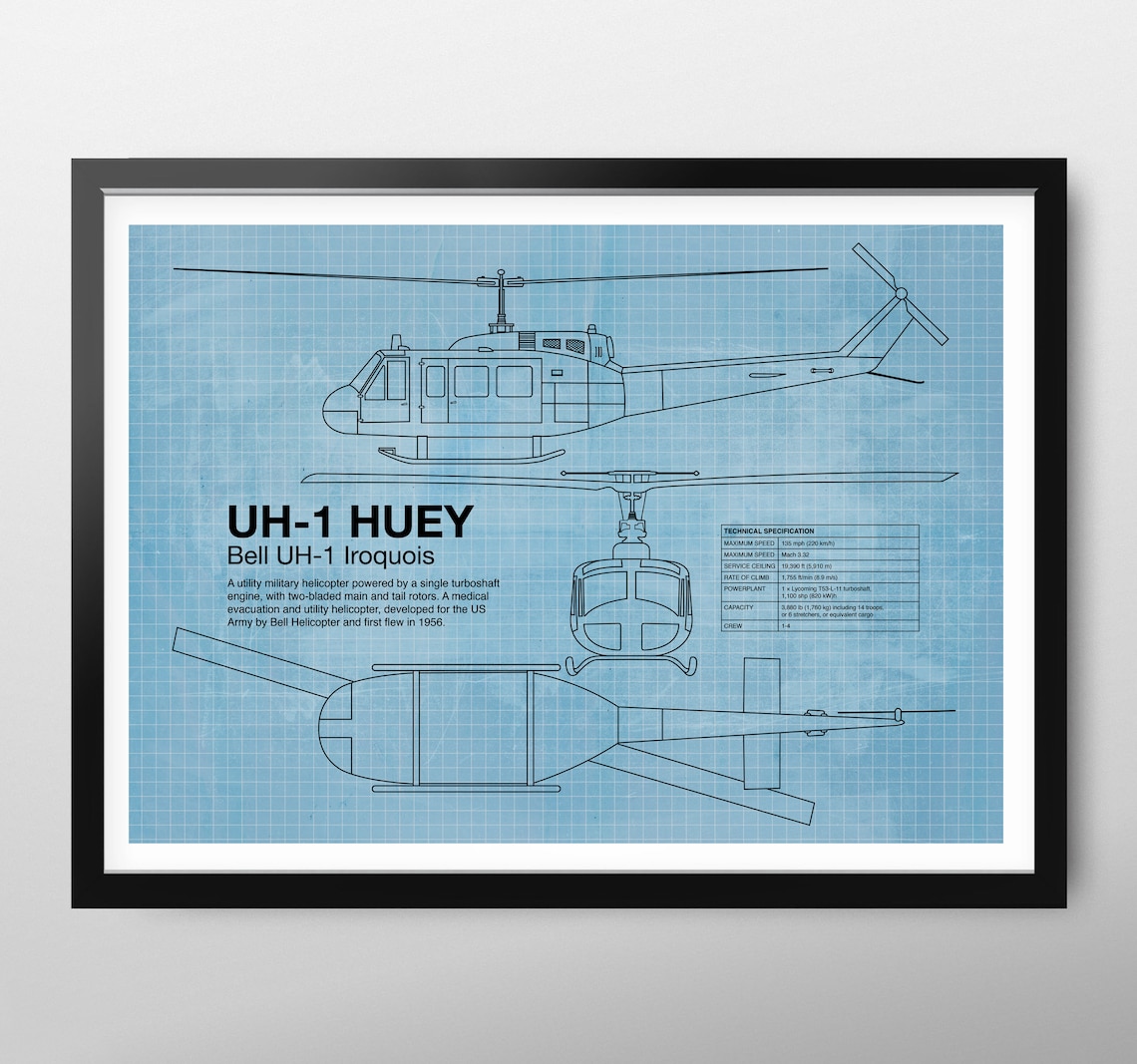 Blueprint Huey Helicopter Poster, Bell UH-1 Iroquois, Utility Military ...