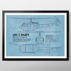 Blueprint Huey Helicopter Poster, Bell UH-1 Iroquois, Utility Military ...