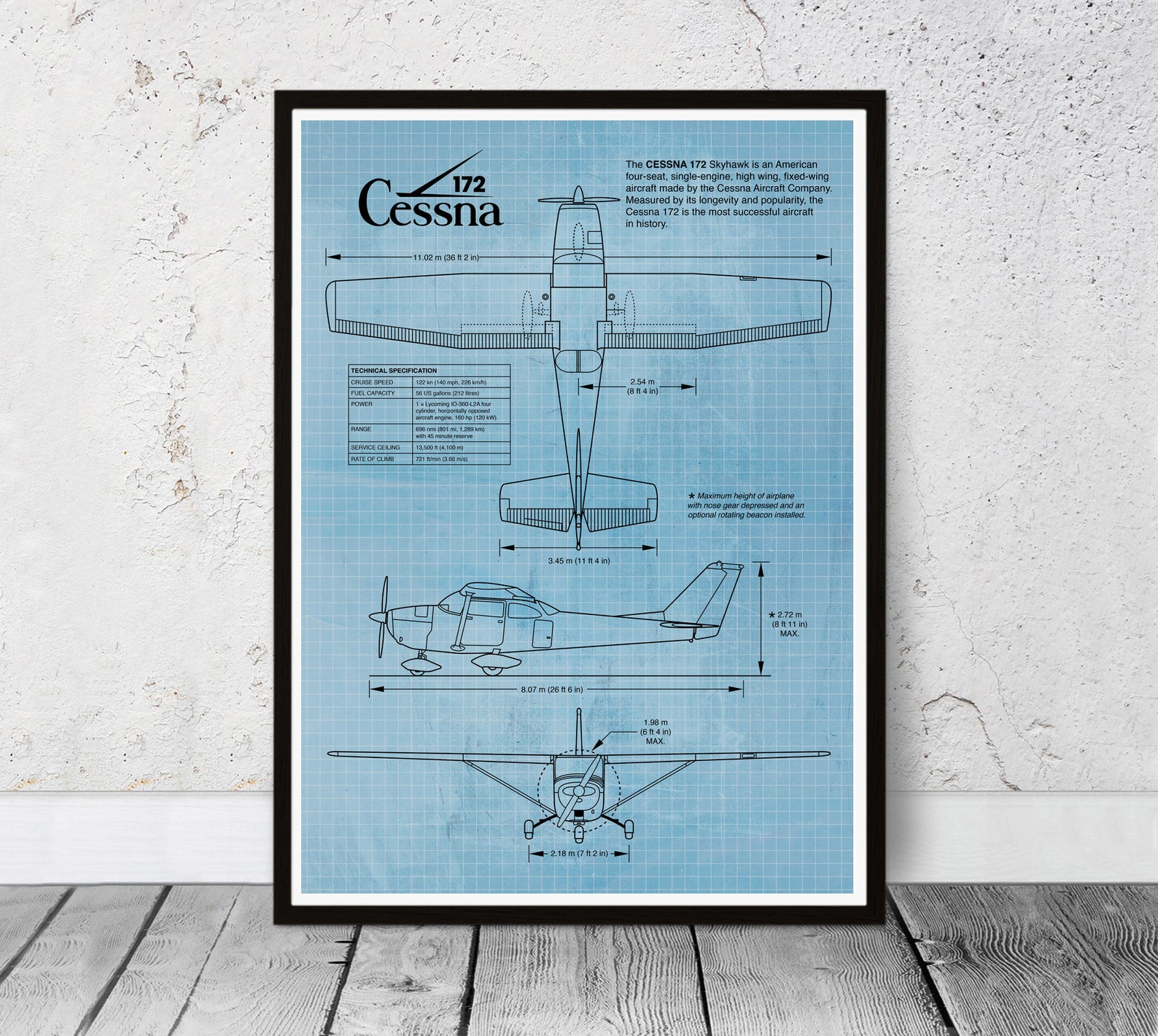 Blueprint Cessna 172 Poster, Aviation Gift. Birthday Gift. USA Single ...