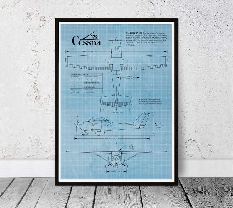 Blueprint Cessna 172 Poster, Aviation Gift. Birthday Gift. USA Single ...