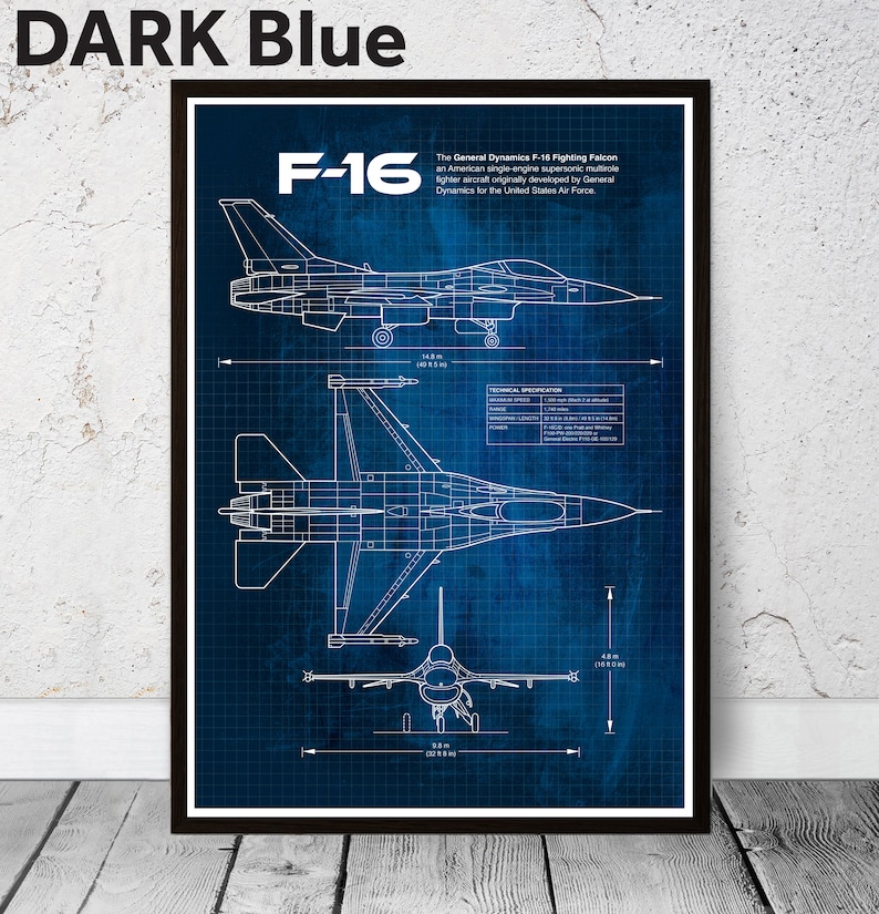 Blueprint F-16 Fighter Aircraft, Combat Aircraft Dimensions. Gift Idea ...