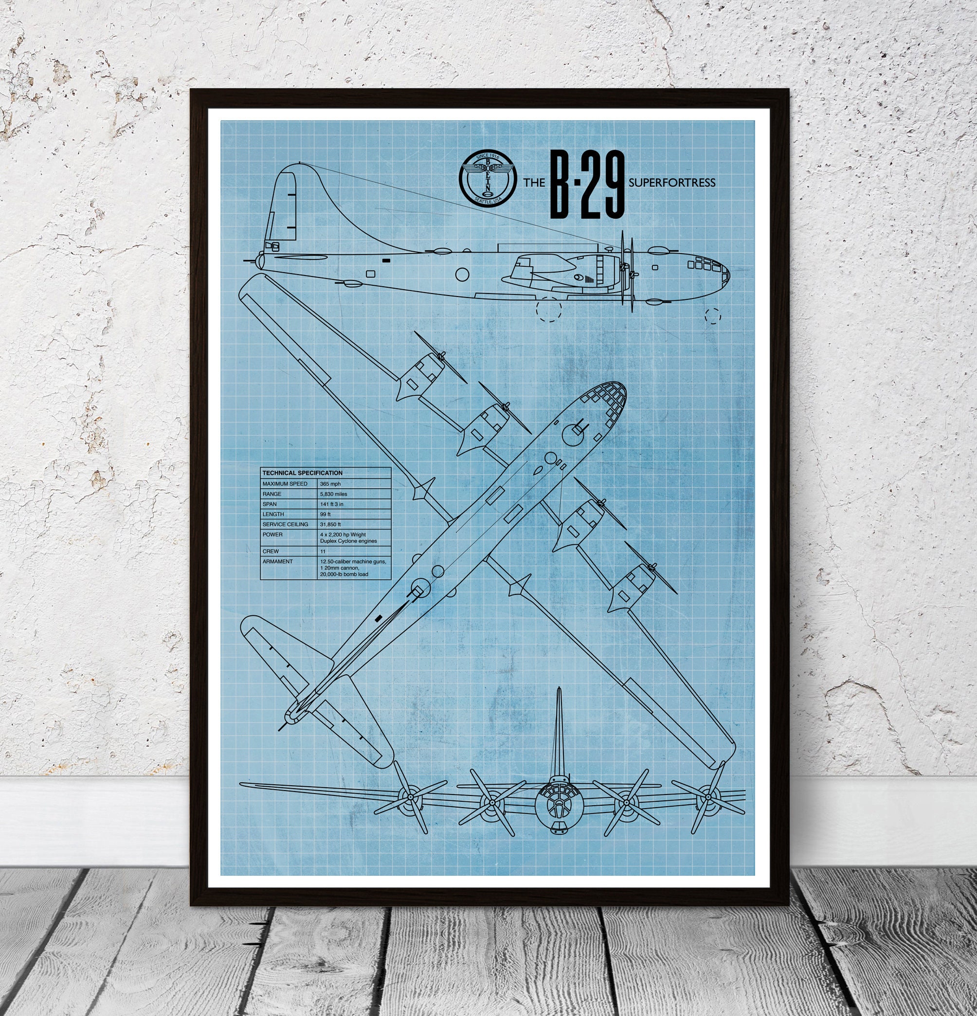 Blueprint B29 Boeing Superfortress, WW2 Bomber, Enola Gay. Digitally ...