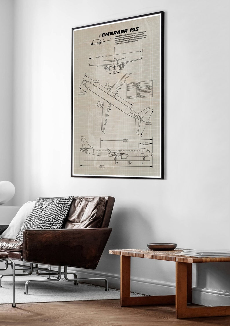 Blueprint Embraer 195 Commercial Airplane. Dimensions. Gift Idea ...