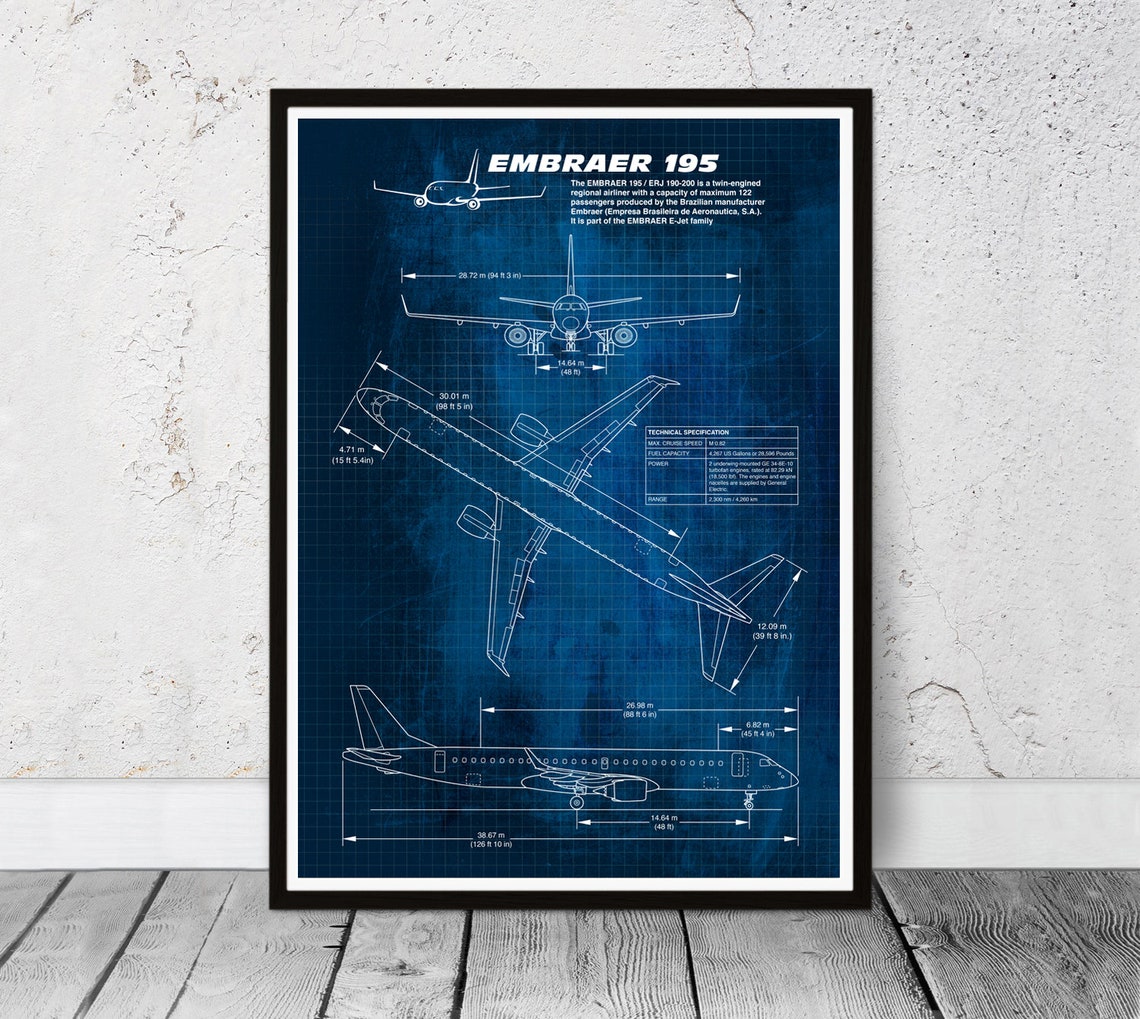 Blueprint Embraer 195 Commercial Airplane. Dimensions. Gift Idea ...
