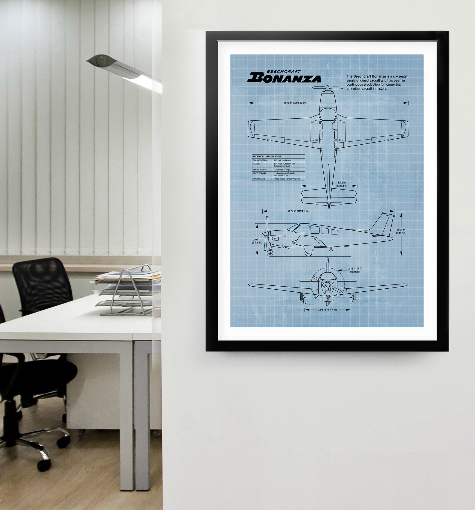 Blueprint Beechcraft Bonanza Poster, American Aviation Aircraft, 1947 ...