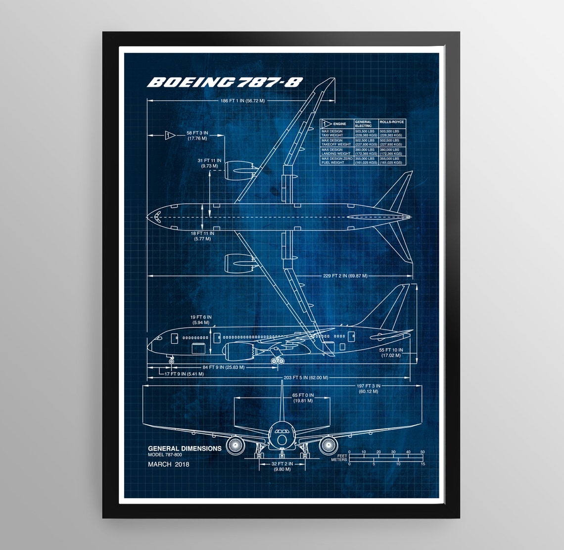 Blueprint Boeing 787 Poster Print. Aircraft Dimensions. | Etsy