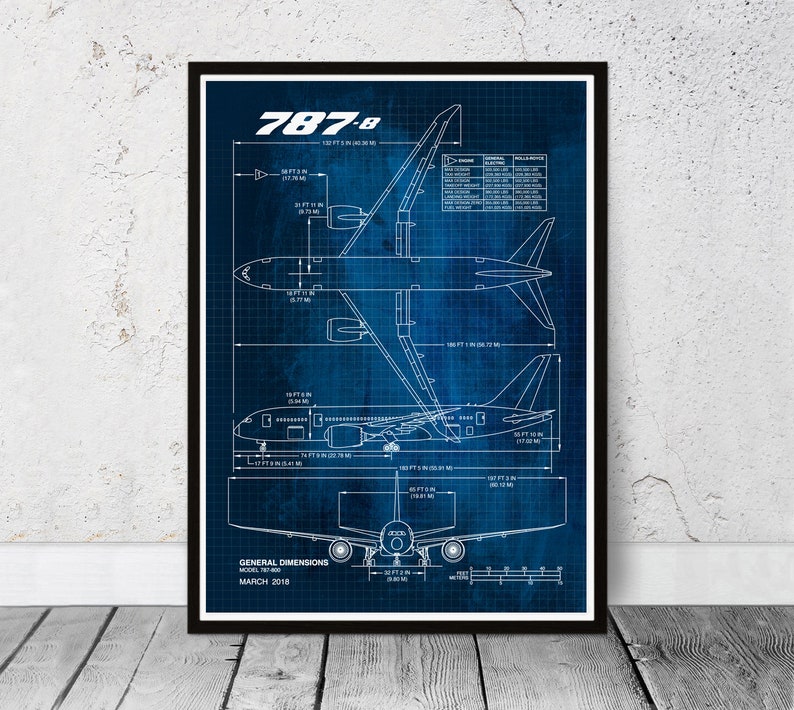 Blueprint Boeing 787-8 Poster Print, B787. Aviation, Airplane, Aircraft ...