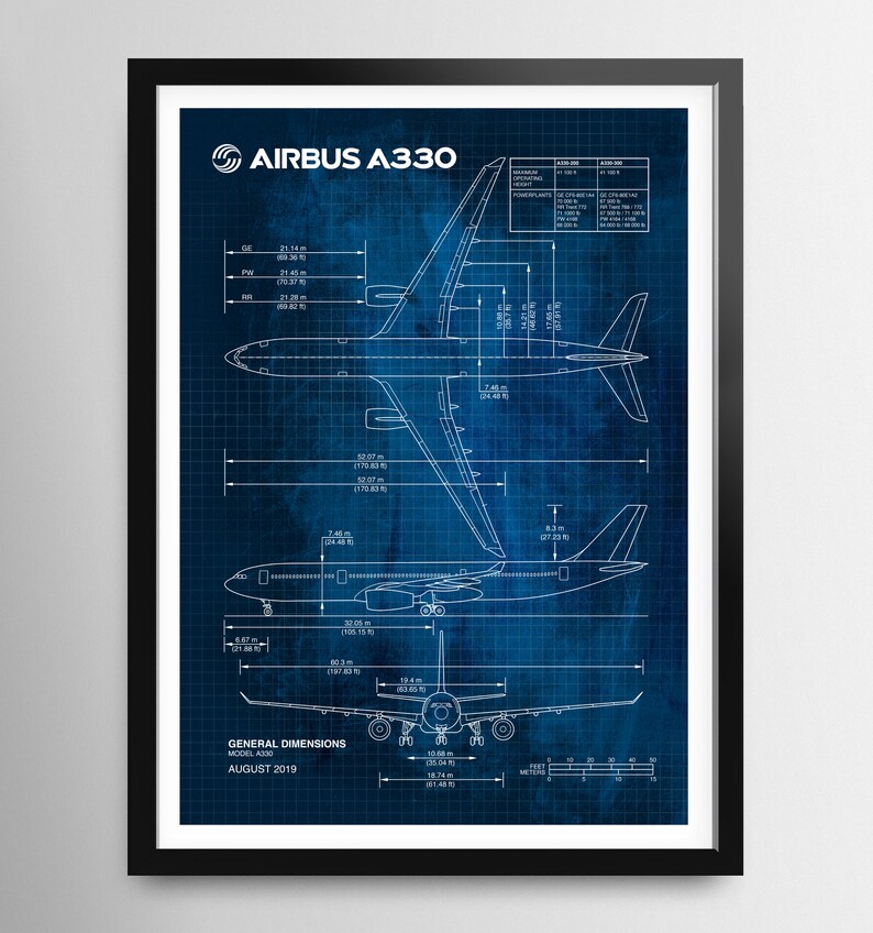 Blueprint Airbus A330 Commercial Airplane. Dimensions. Mancave | Etsy