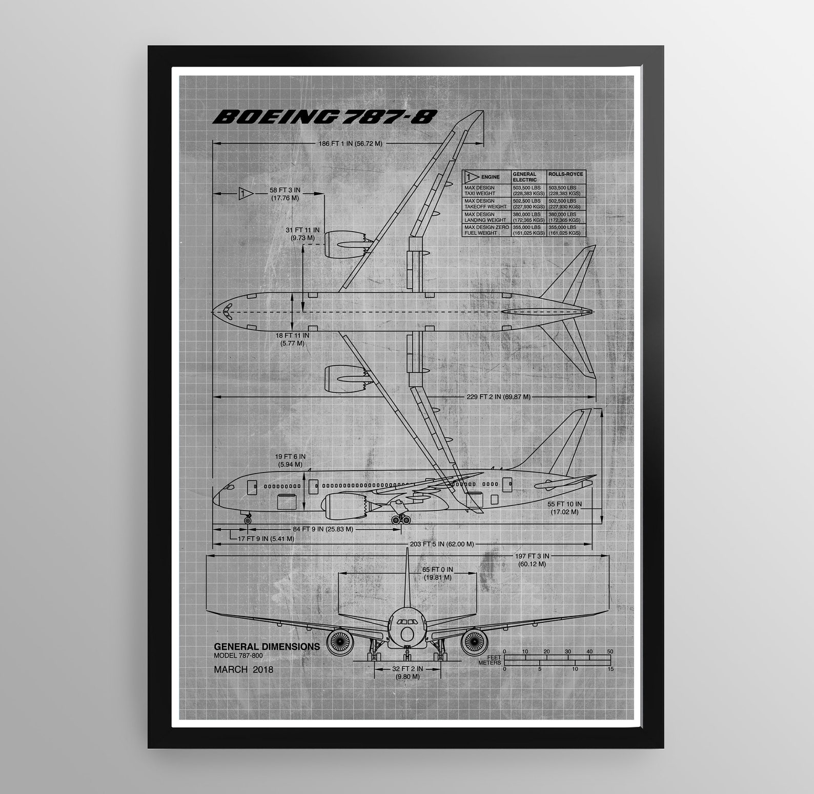 Blueprint Boeing 787 Poster Print. Aircraft Dimensions. | Etsy