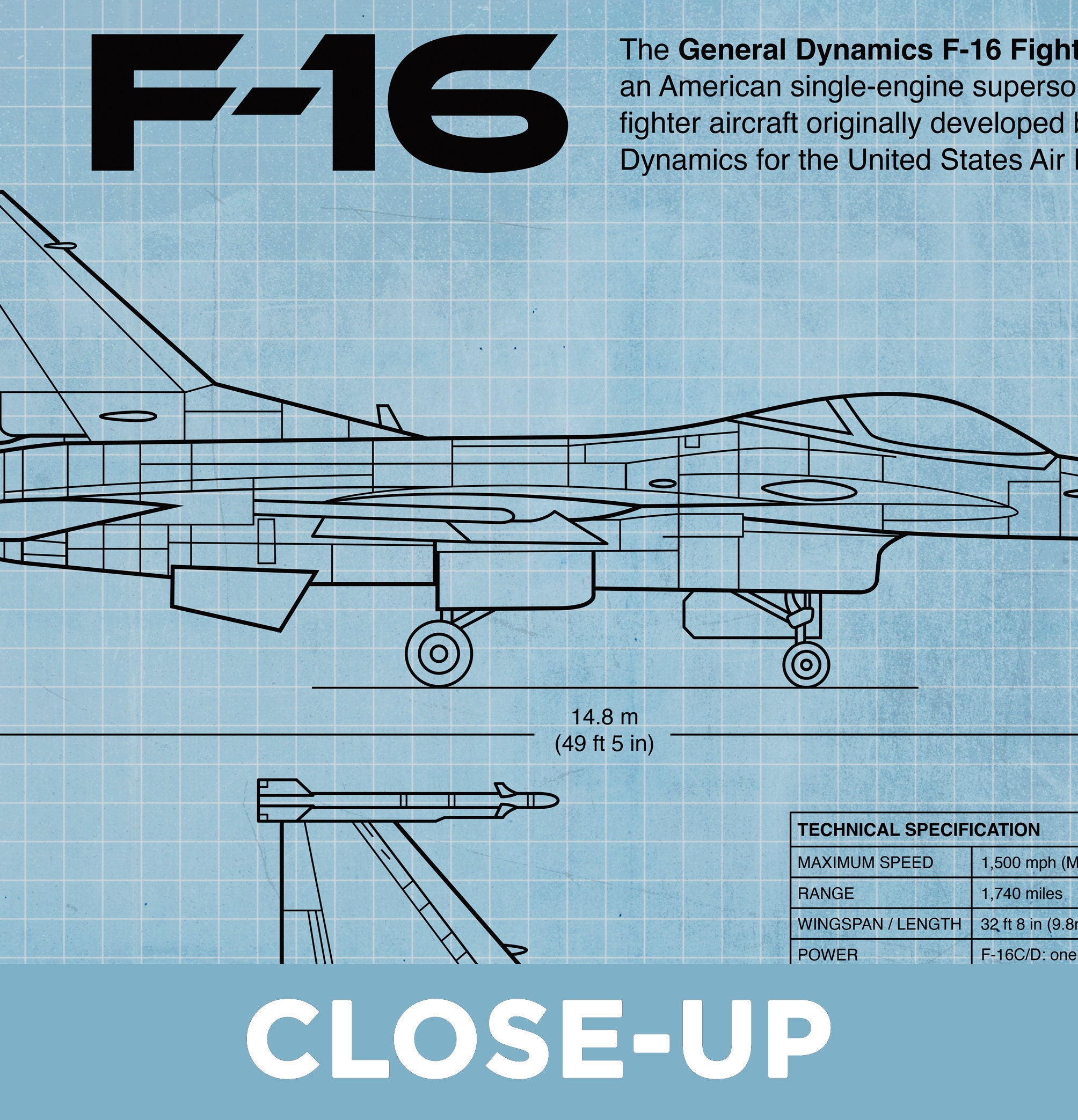 Blueprint F-16 Fighter Aircraft, Combat Aircraft Dimensions. Gift Idea ...