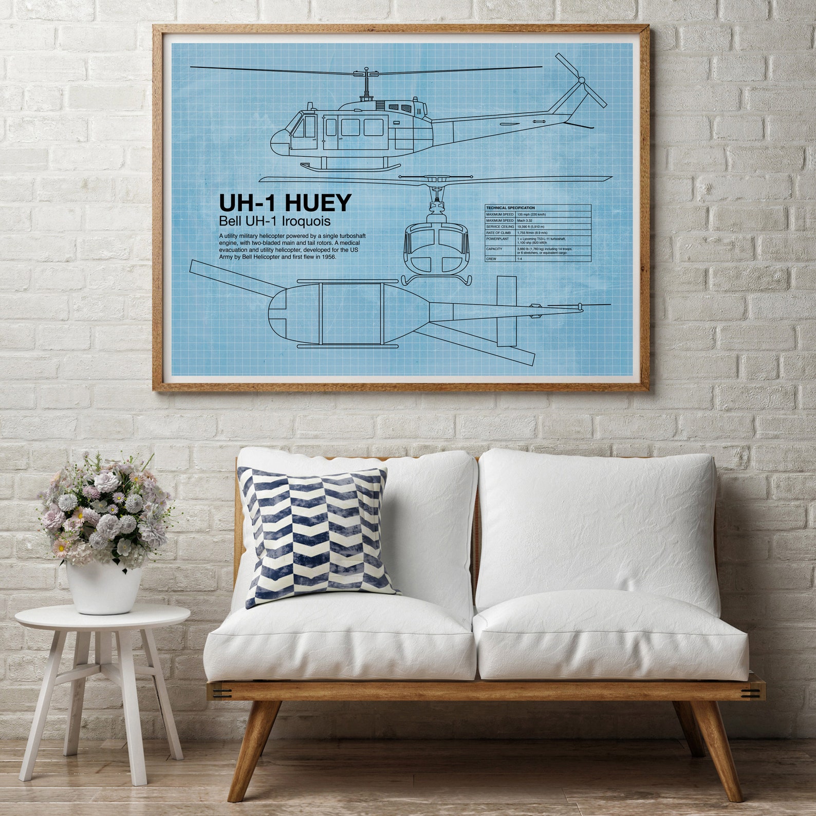 Blueprint Huey Helicopter Poster Bell UH-1 Iroquois Utility | Etsy