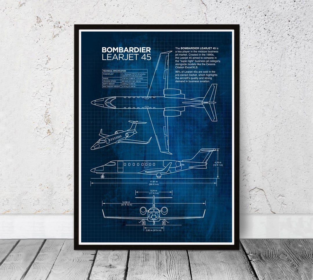 Blueprint Learjet 45 Poster, Aviation Gift. Birthday Gift. Bombardier ...