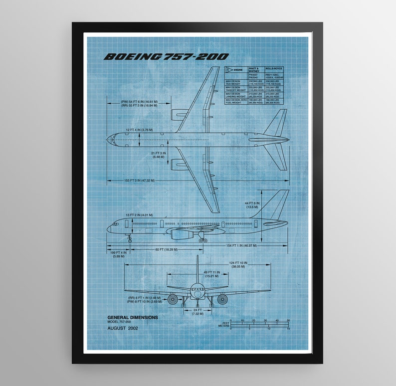 Blueprint Boeing 757 poster print. Aircraft dimensions. | Etsy