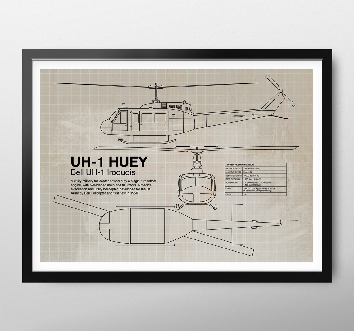 Blueprint Huey Helicopter Poster Bell UH-1 Iroquois Utility | Etsy