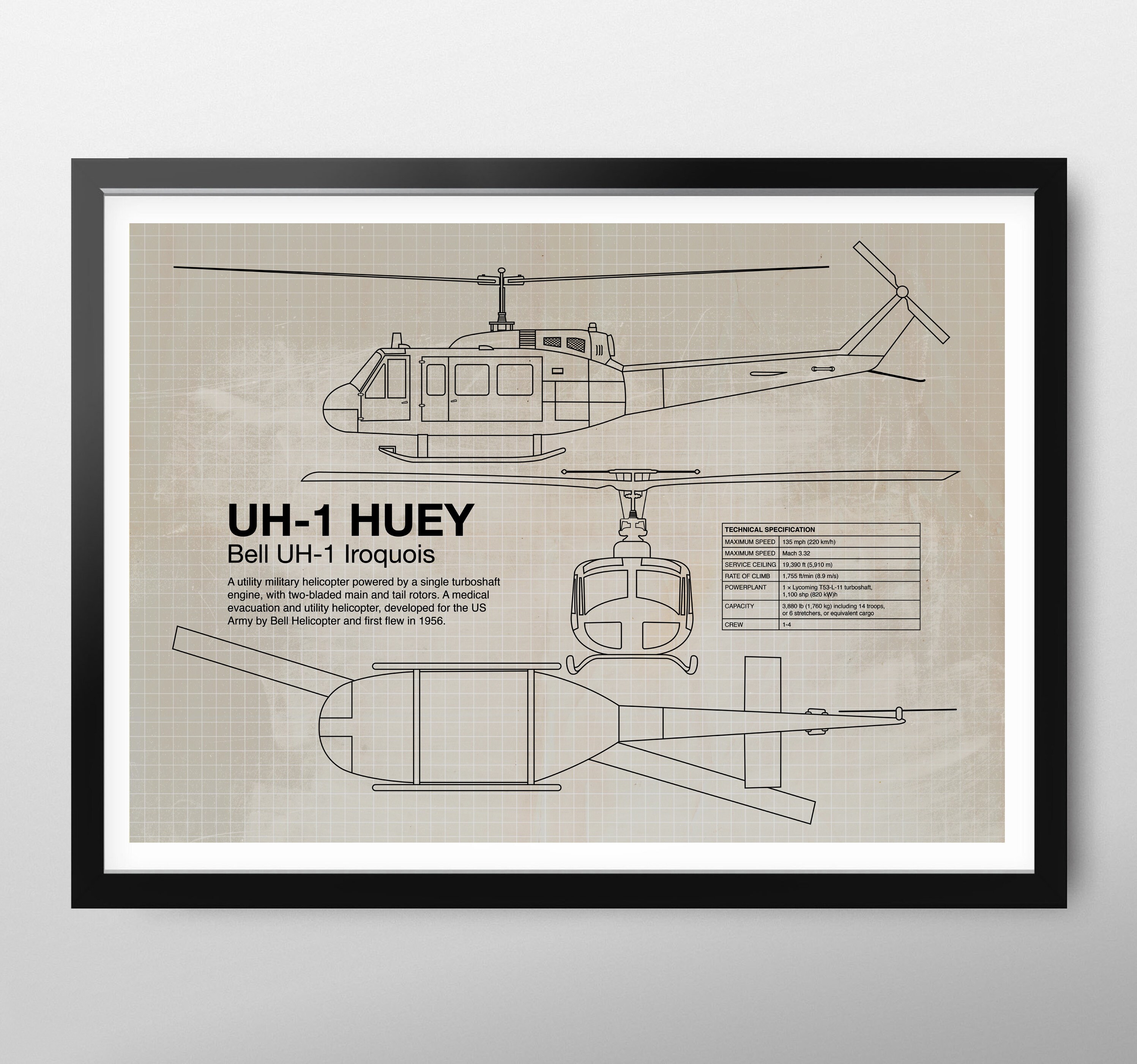 Huey helicopter blueprint poster Bell UH-1 Iroquois utility | Etsy