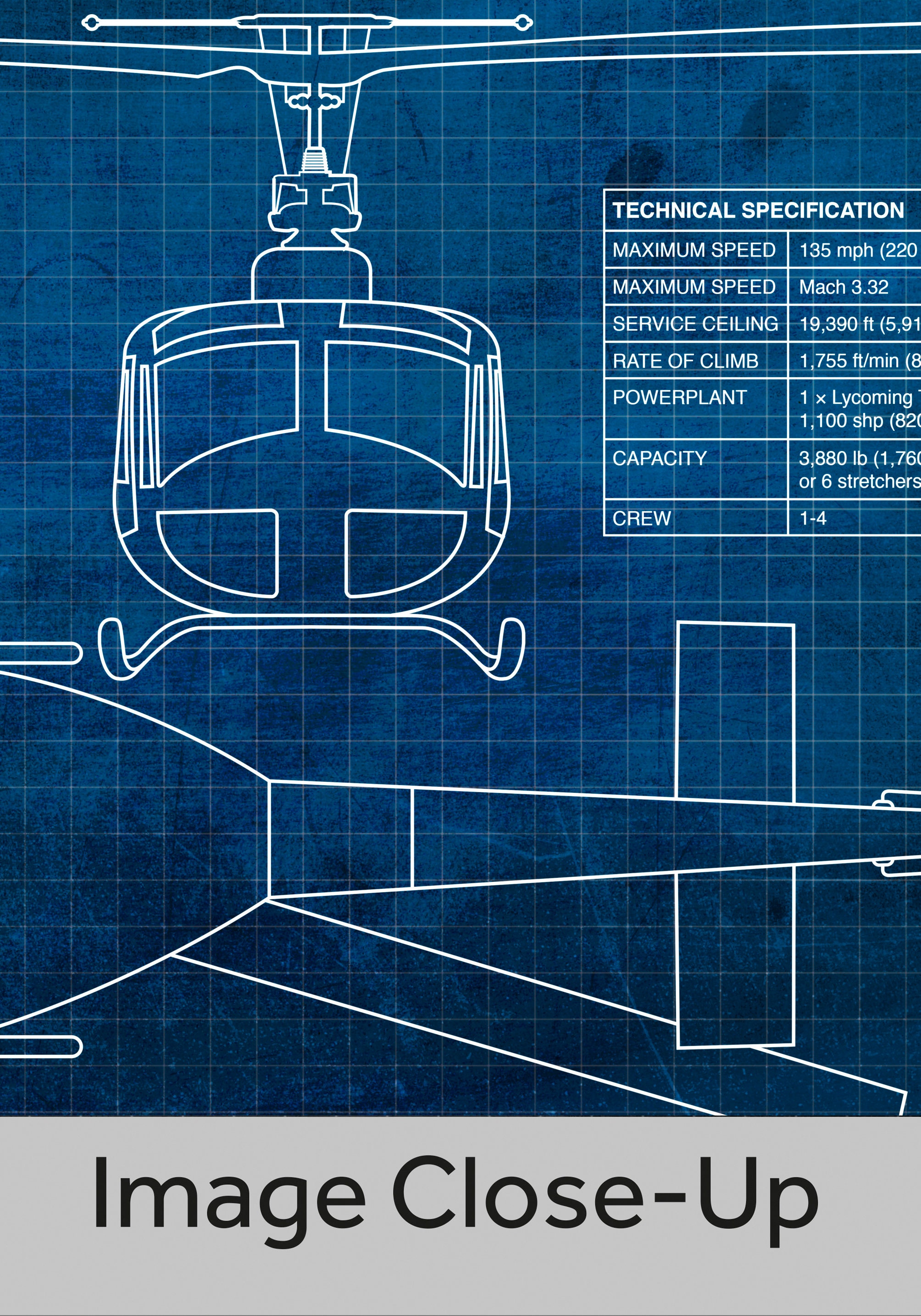 Blueprint Huey Helicopter Poster, Bell UH-1 Iroquois, Utility Military ...