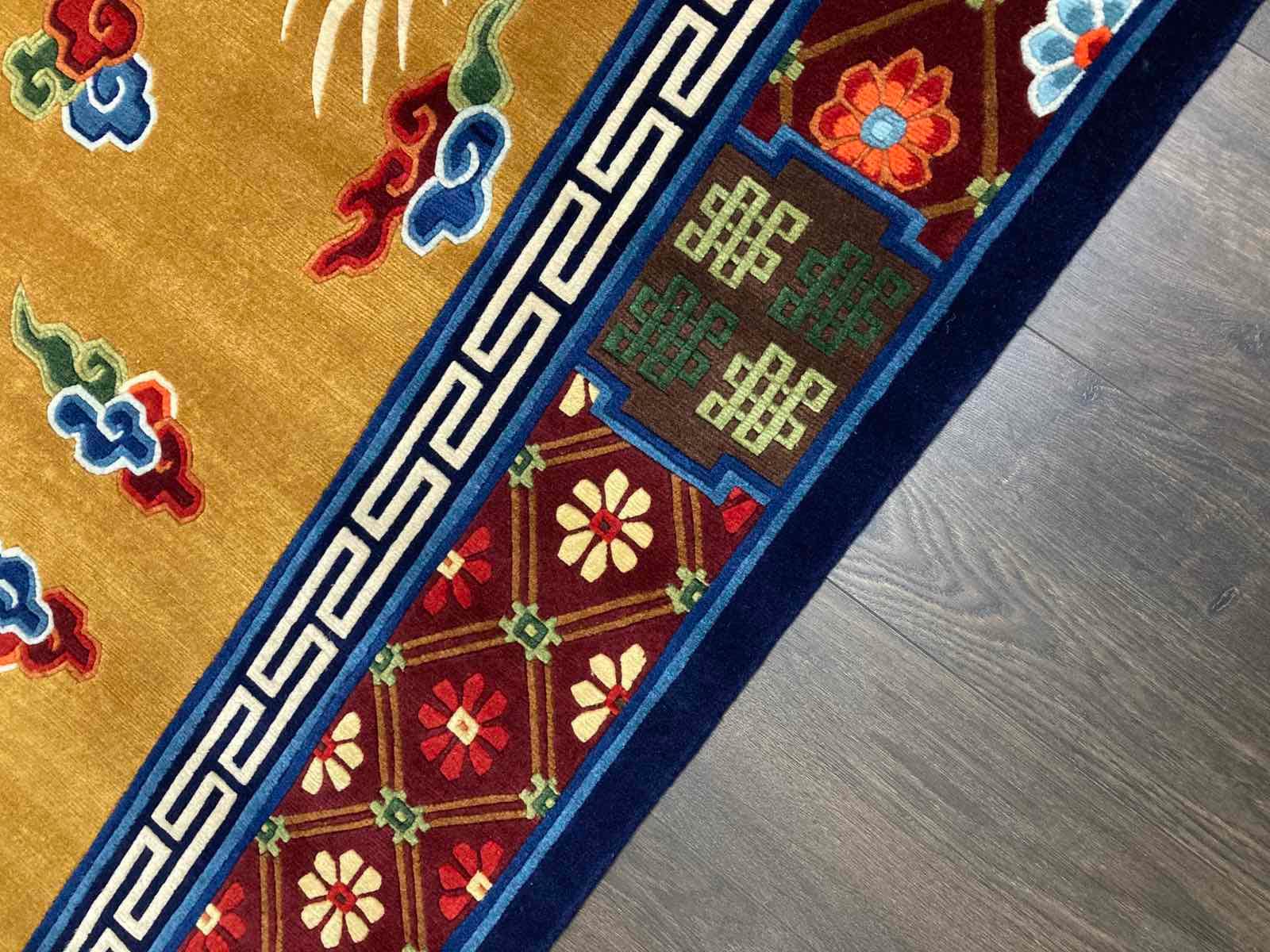 Tibetan Dragon Wool Rug Handknotted Yellow Beige Nepal | Large Buddhist ...