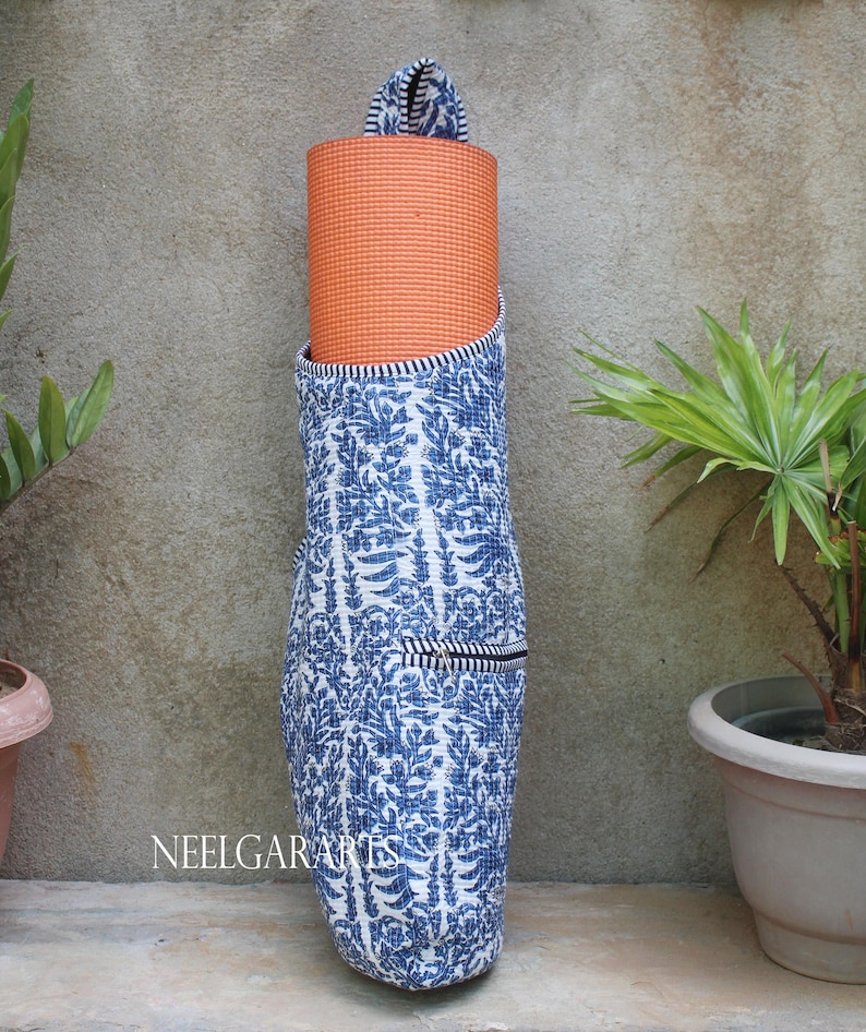 Indigo Floral Quilted Yoga Mat Bag: Indian Handmade Cotton Gym Tote - Etsy